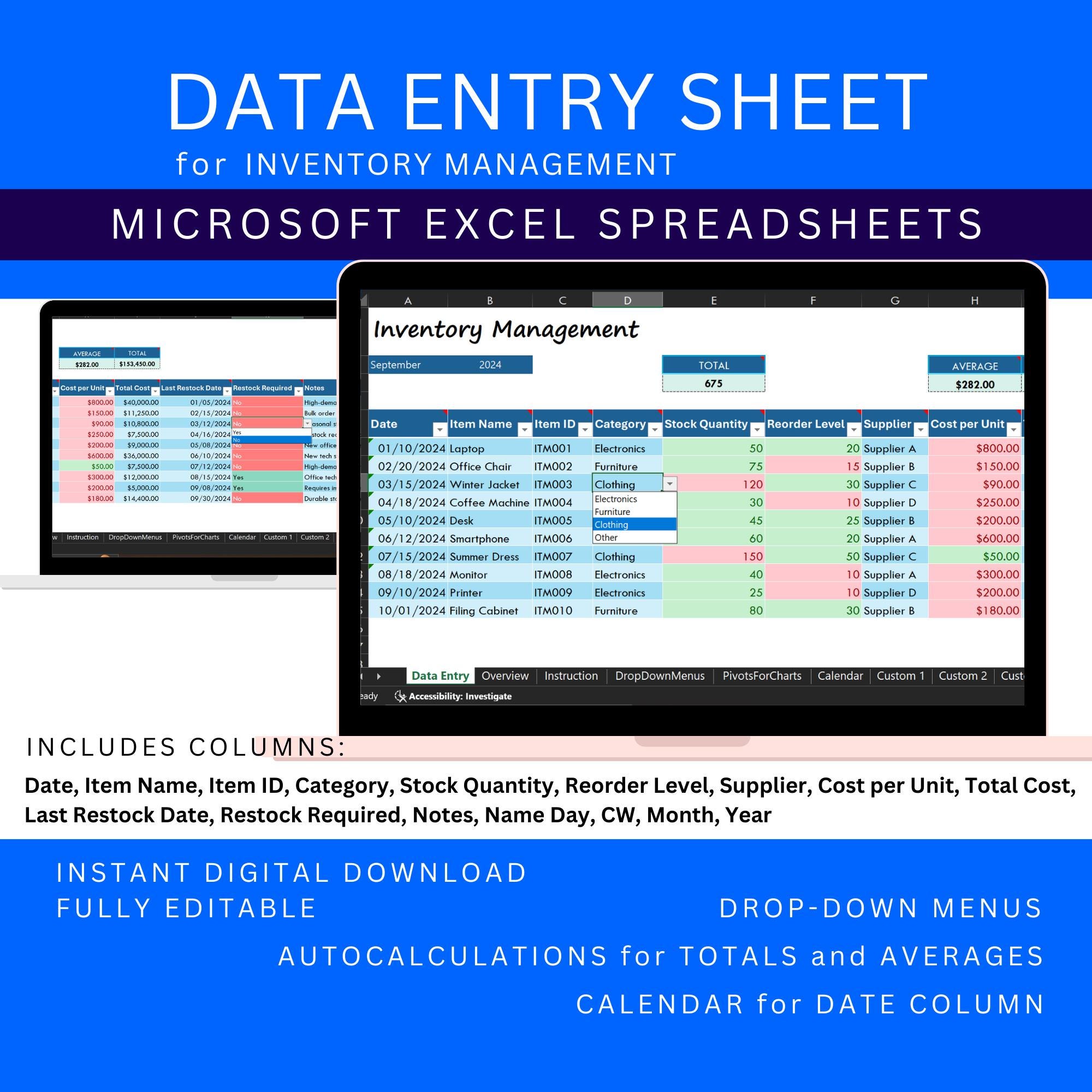 Inventory Management Excel Template: Stock Tracker Dashboard (digital ...