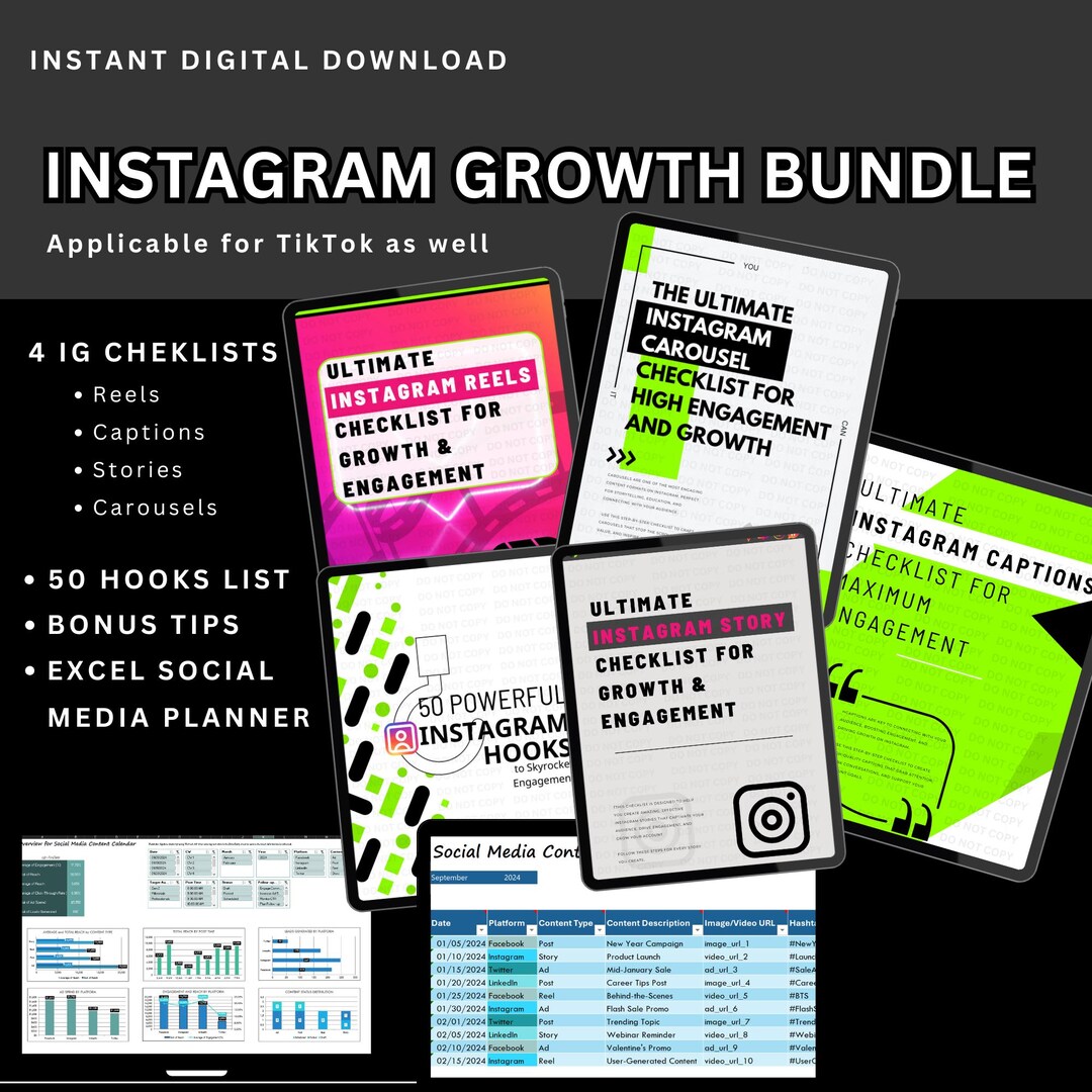 Instagram Growth Bundle, 50 Viral Hooks, Content Planner Excel Template ...