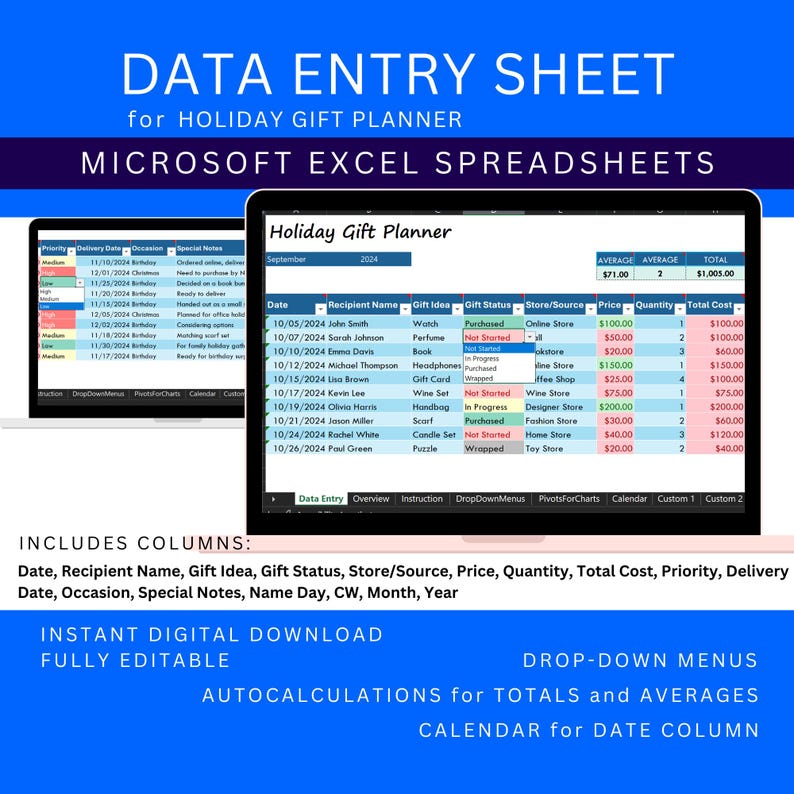 Excel Template Gift Planner, Holiday & Birthday Budget Tracker ...