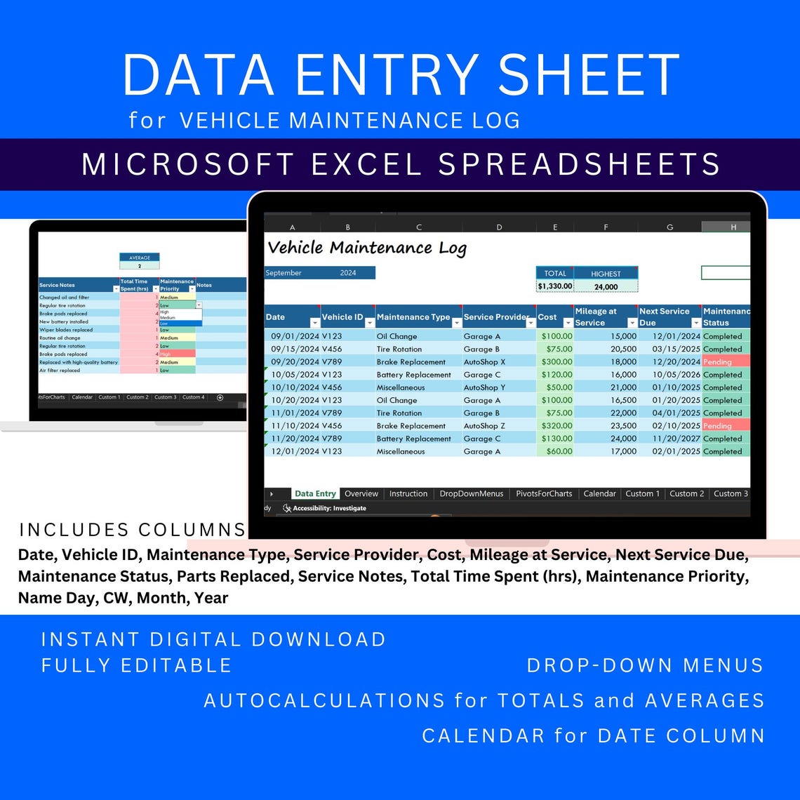 Vehicle Maintenance Log Car Repair Tracker Vehicle Service Spreadsheet Vehicle Template ...