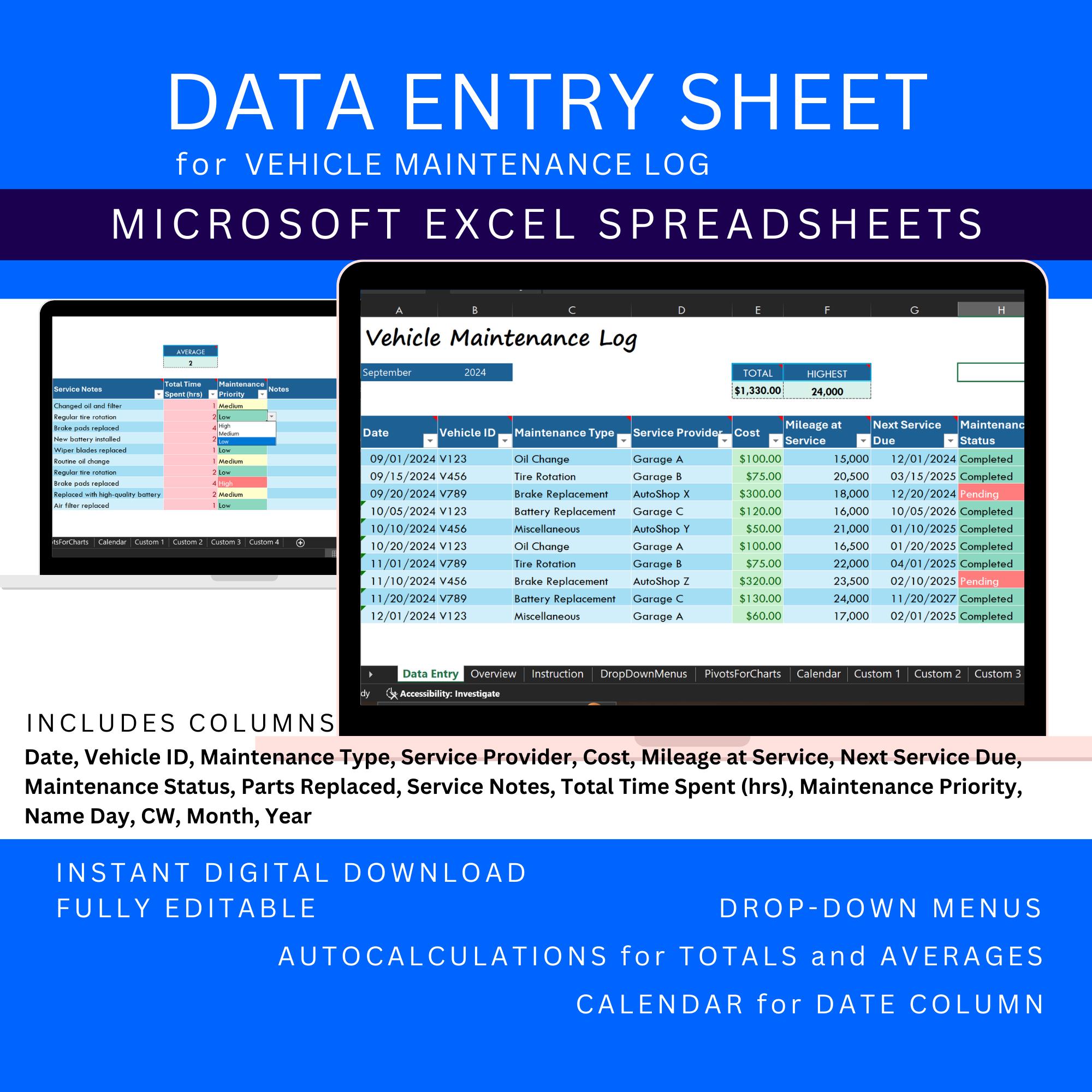 Vehicle Maintenance Log Car Repair Tracker Vehicle Service Spreadsheet ...