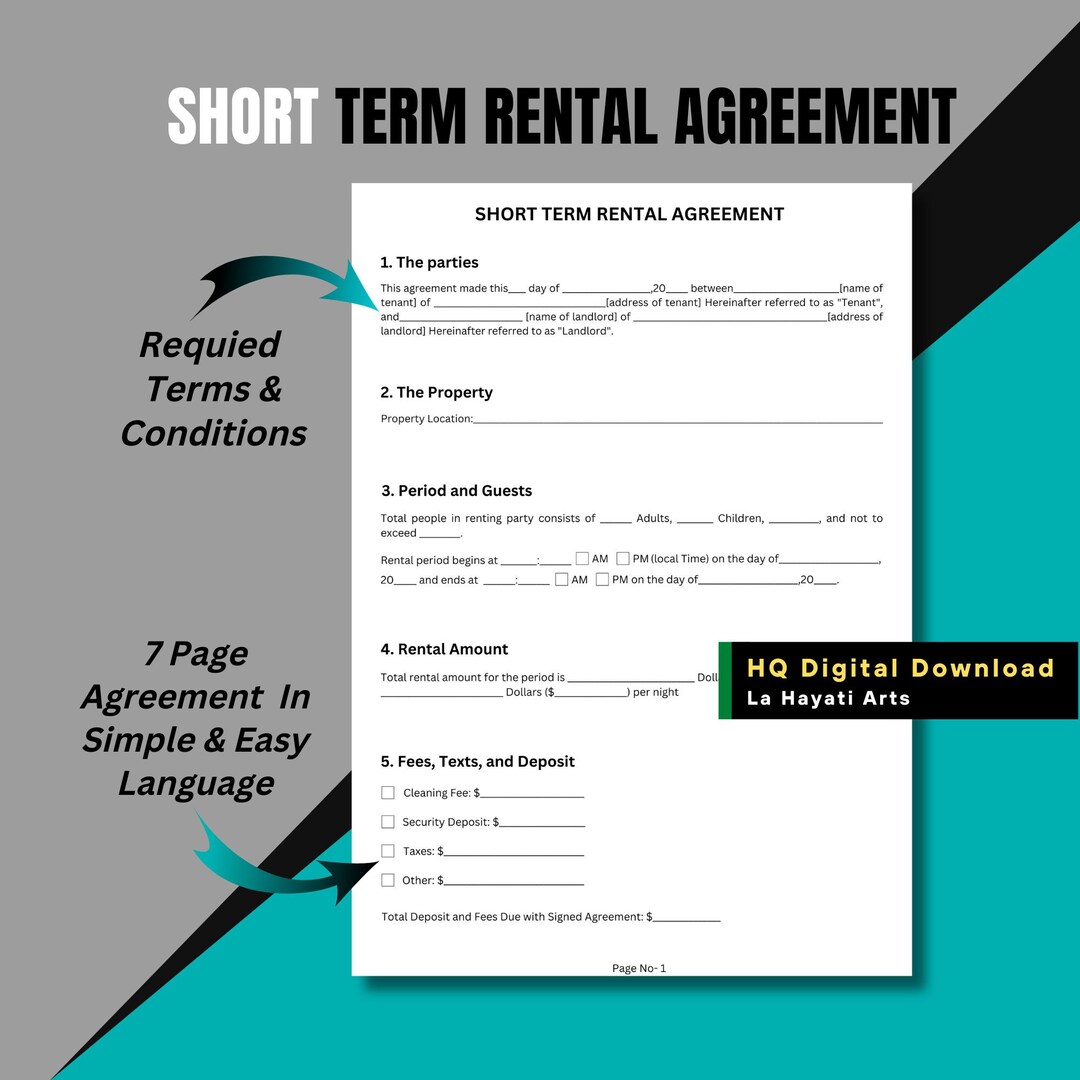 Printable Short Term Rent Agreement-rental Lease Contract for Vacation ...