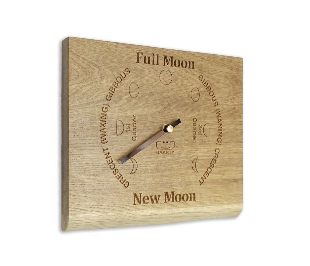 Oak Moon Phase Clock (black Baton Hand) - Live Edge Oak, Lunar Cycle ...