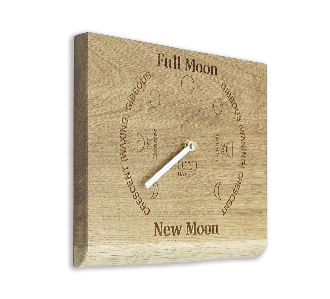 Oak Moon Phase Clock white Baton Hand Live Edge Oak, Lunar Cycle ...