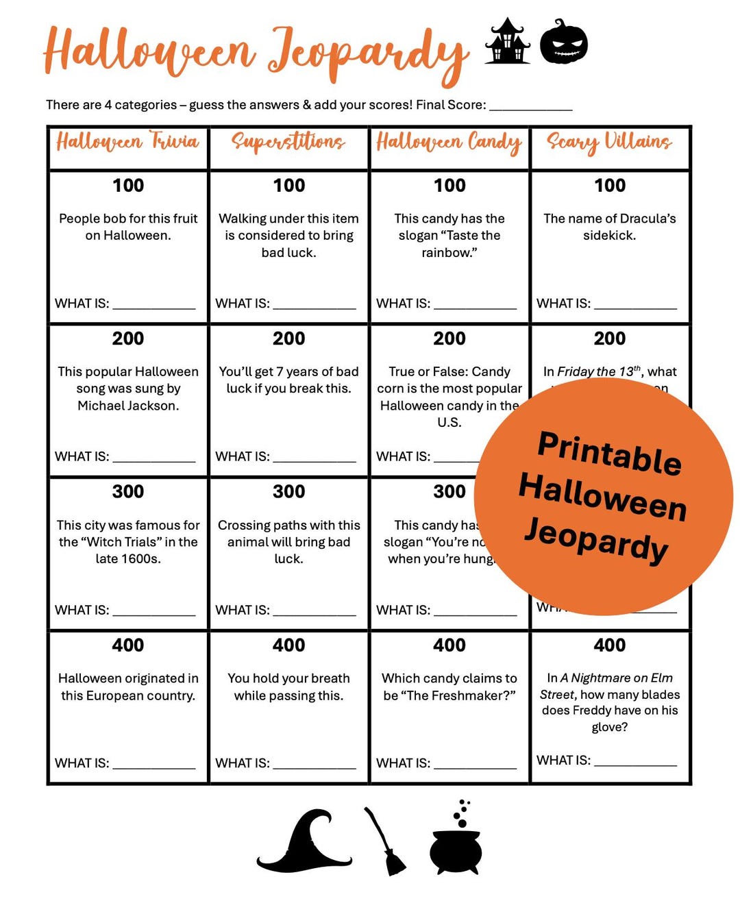Halloween Jeopardy Instant Download Halloween Trivia Printable Team ...