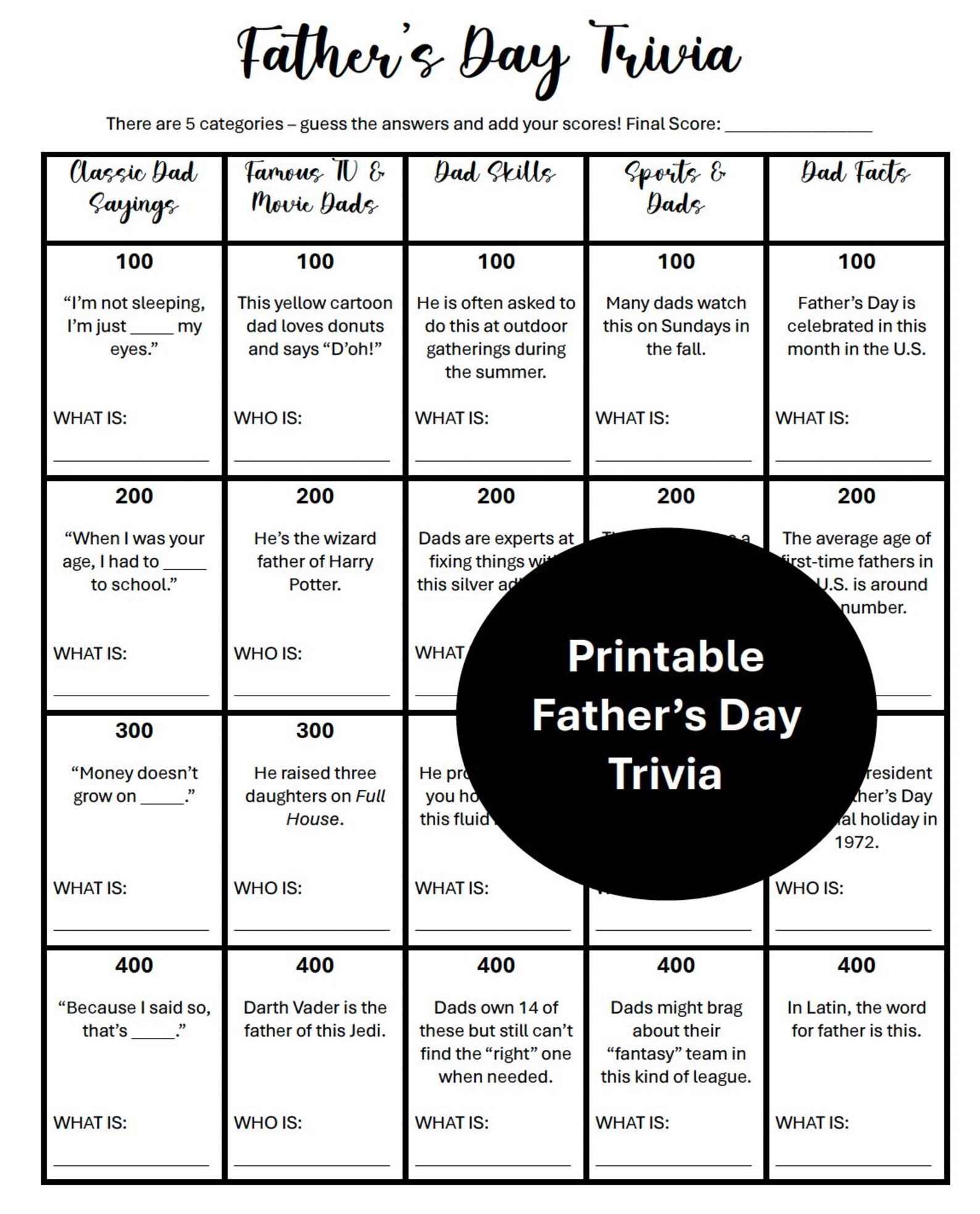 Father's Day Trivia Instant Download | Father's Day Game Printable ...