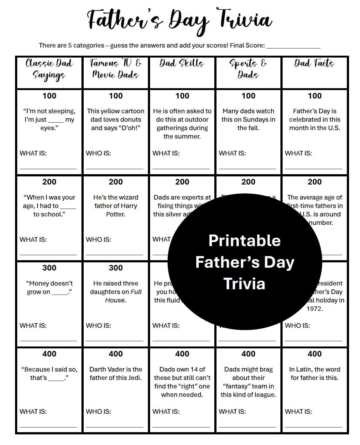 Father's Day Trivia Instant Download | Father's Day Game Printable ...