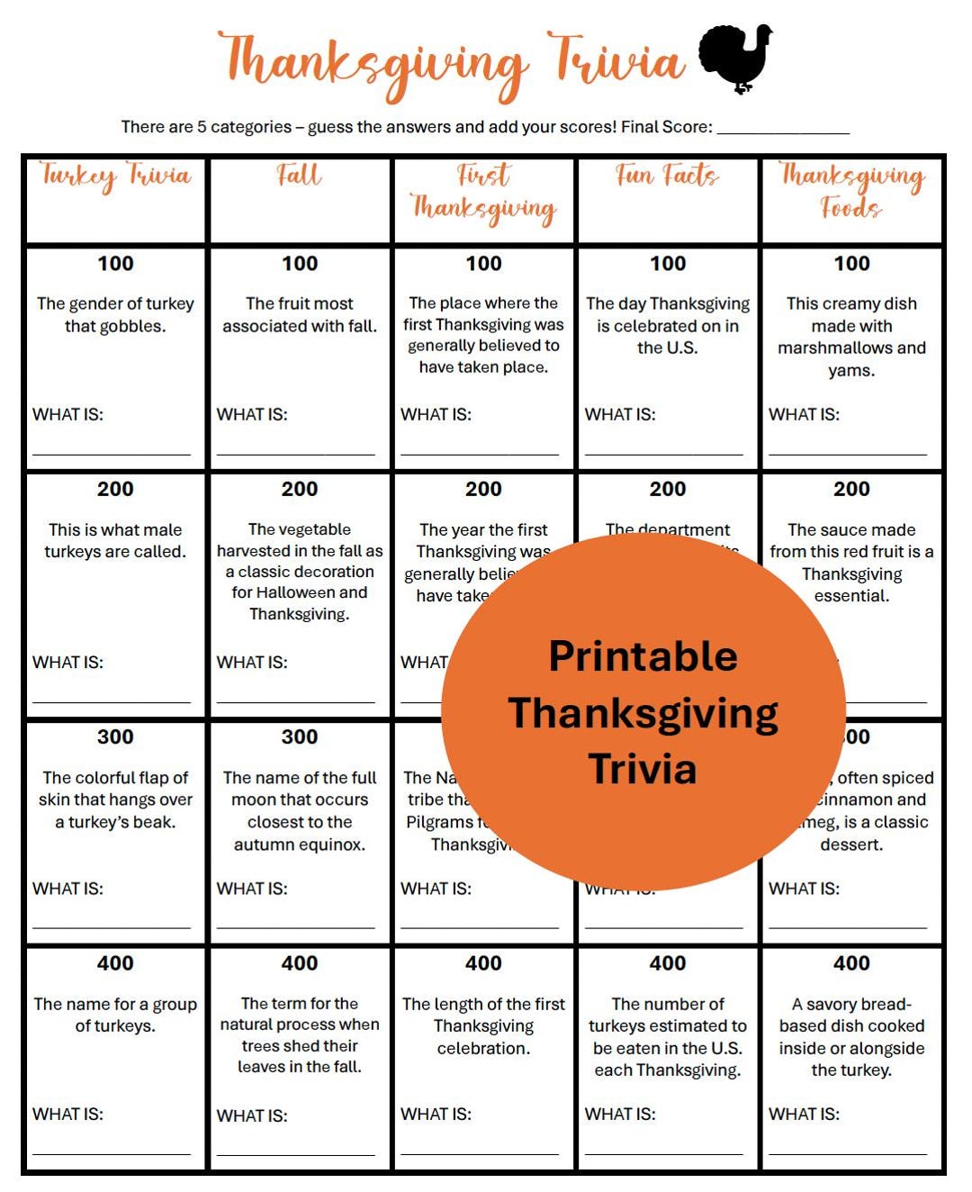 Thanksgiving Trivia Game, Printable Thanksgiving Quiz Digital Download ...