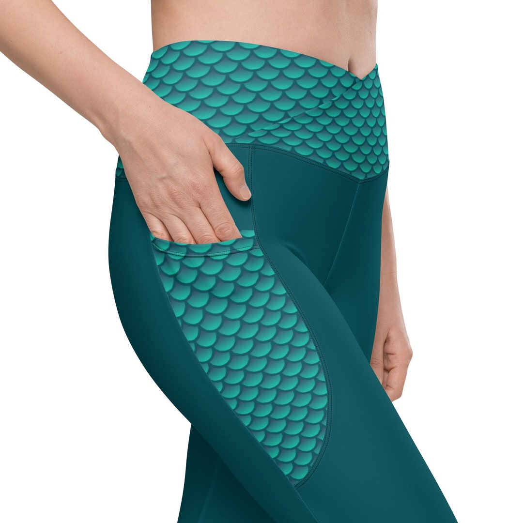Blue/green Mermaid Scale Crossover Leggings (with Pockets!) for Yoga ...