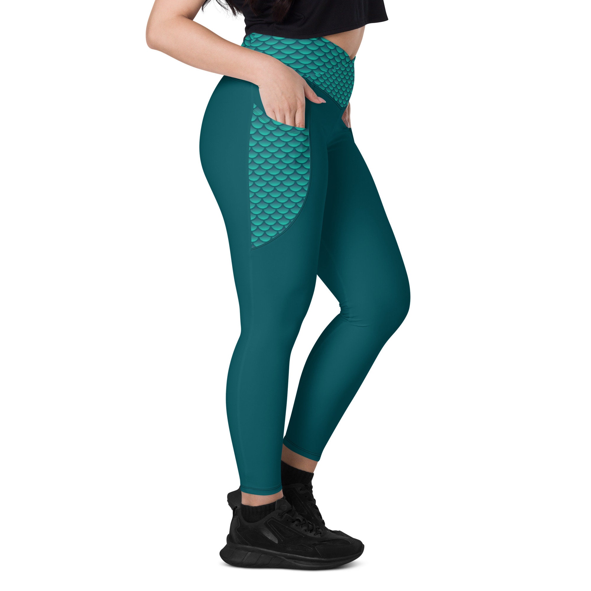 Blue/green Mermaid Scale Crossover Leggings (with Pockets!) for Yoga ...
