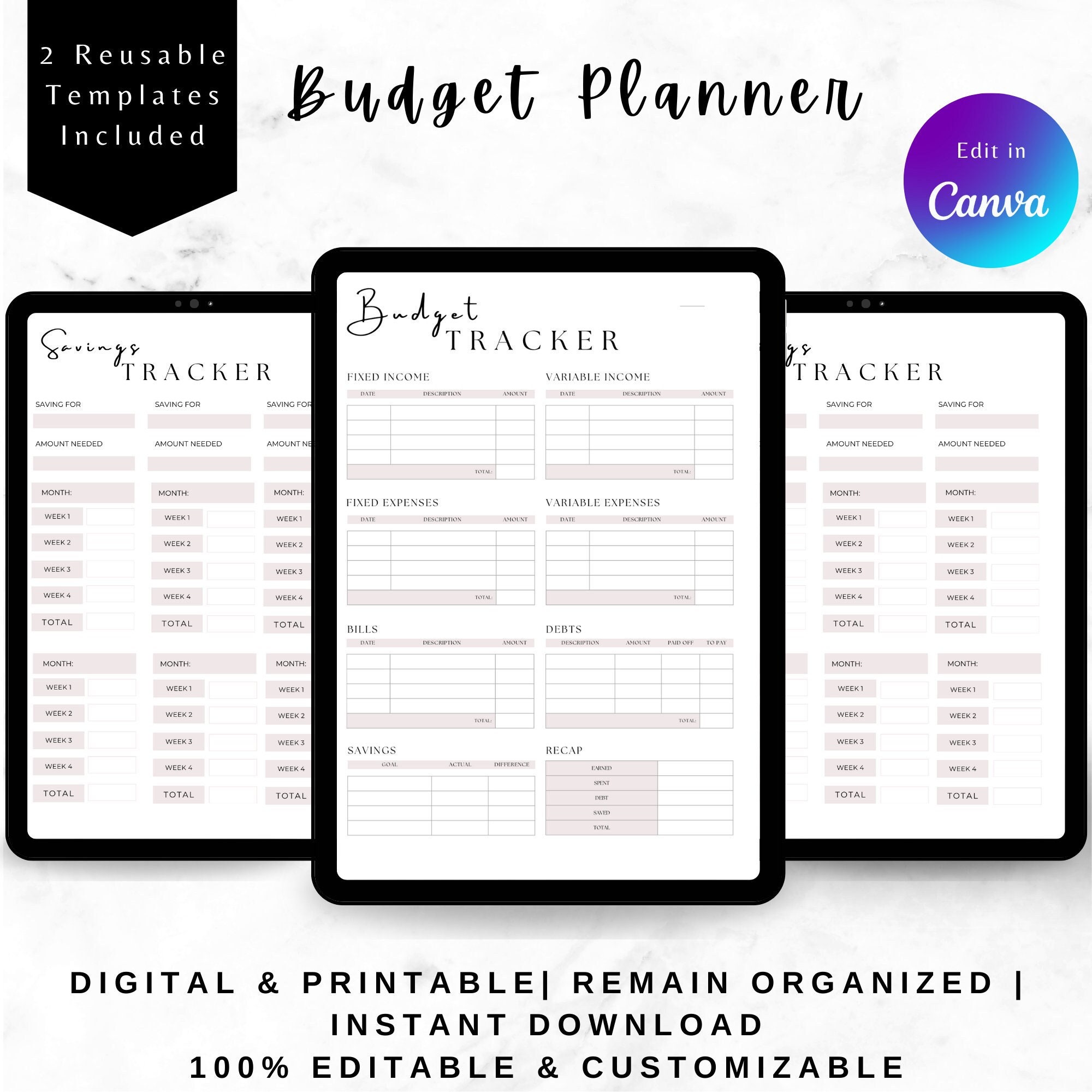 Budget Planner Printable PDF, Financial Planner Printable, Savings ...