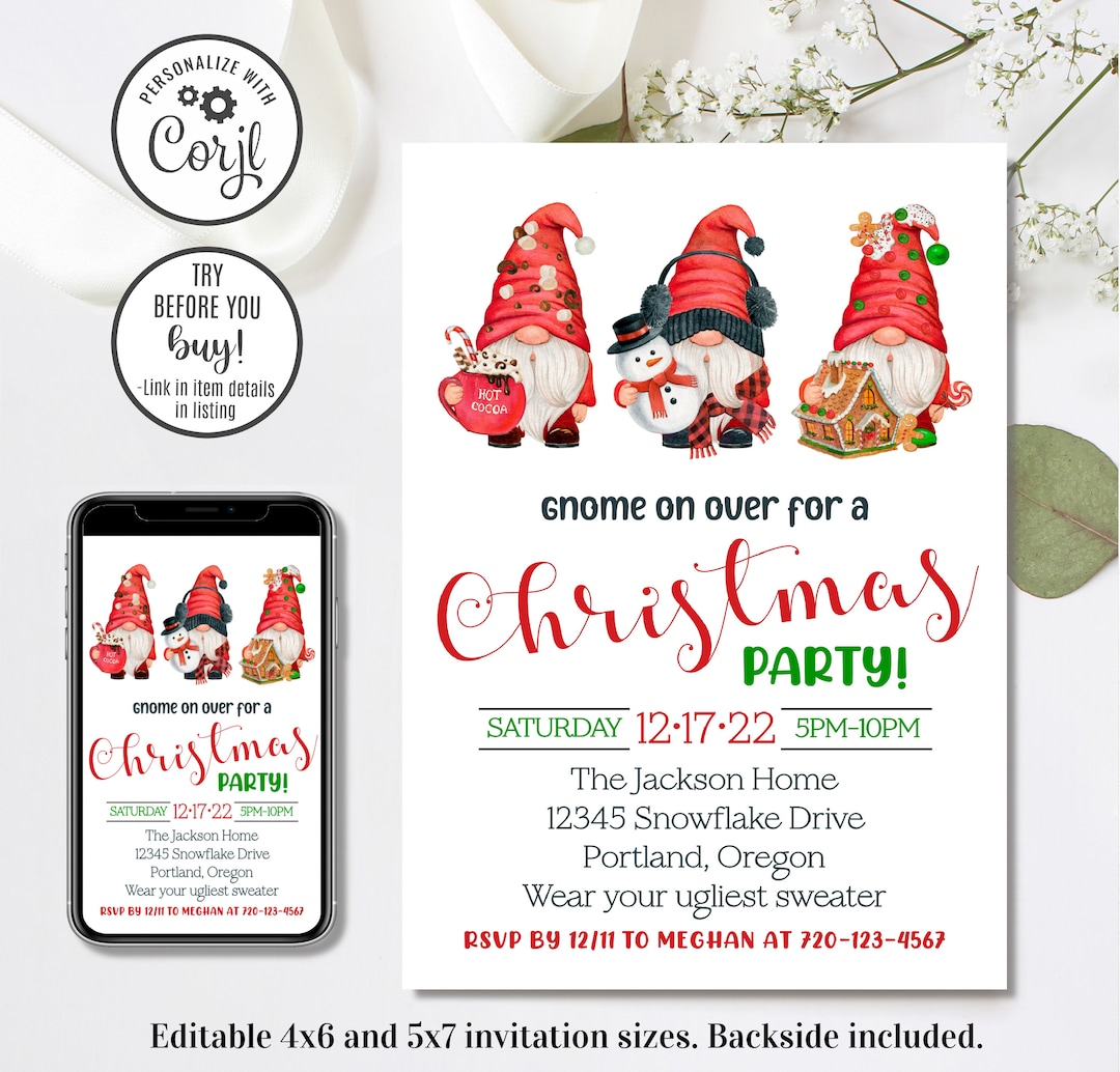 Editable Christmas Party Invitation, Gnome Christmas Invitation, 4x6 ...