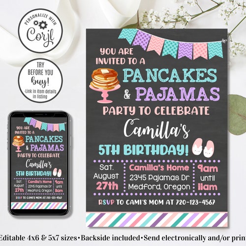 Editable Pancakes And Pajamas Birthday Invitation Pancake And Etsy