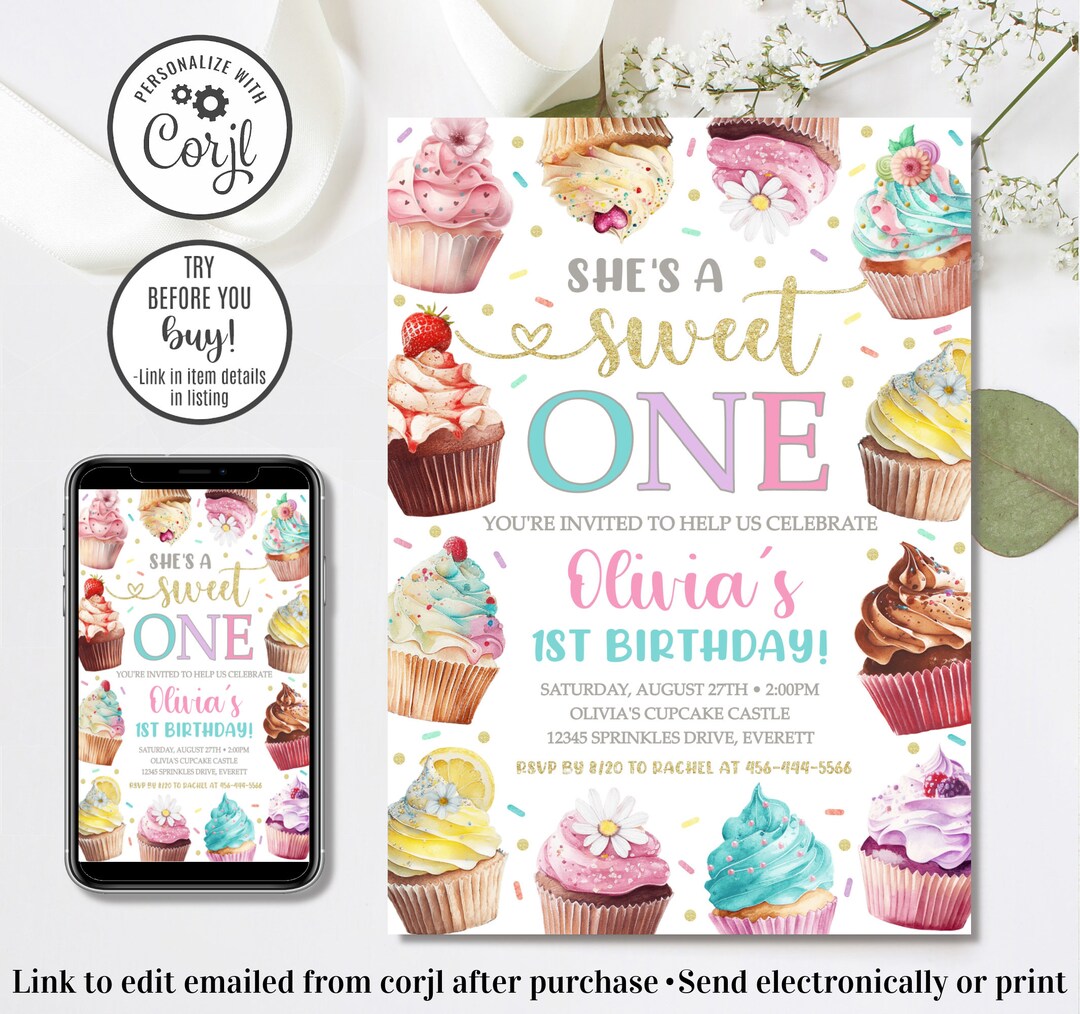 Editable Cupcake Invitation, Sweet One Invitation, Cupcake 1st Birthday ...