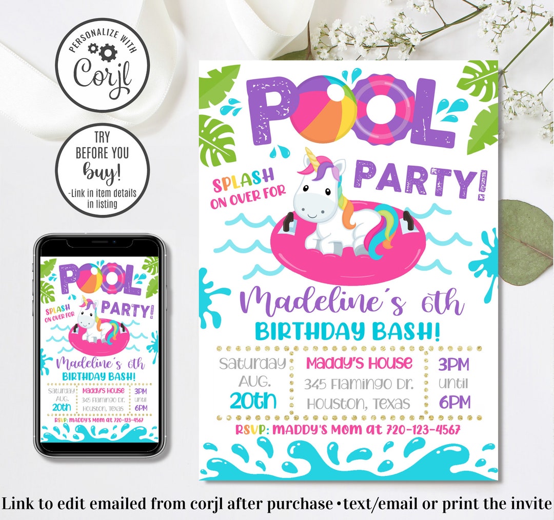 Editable Unicorn Pool Party Invitation, Unicorn Pool Party Birthday ...