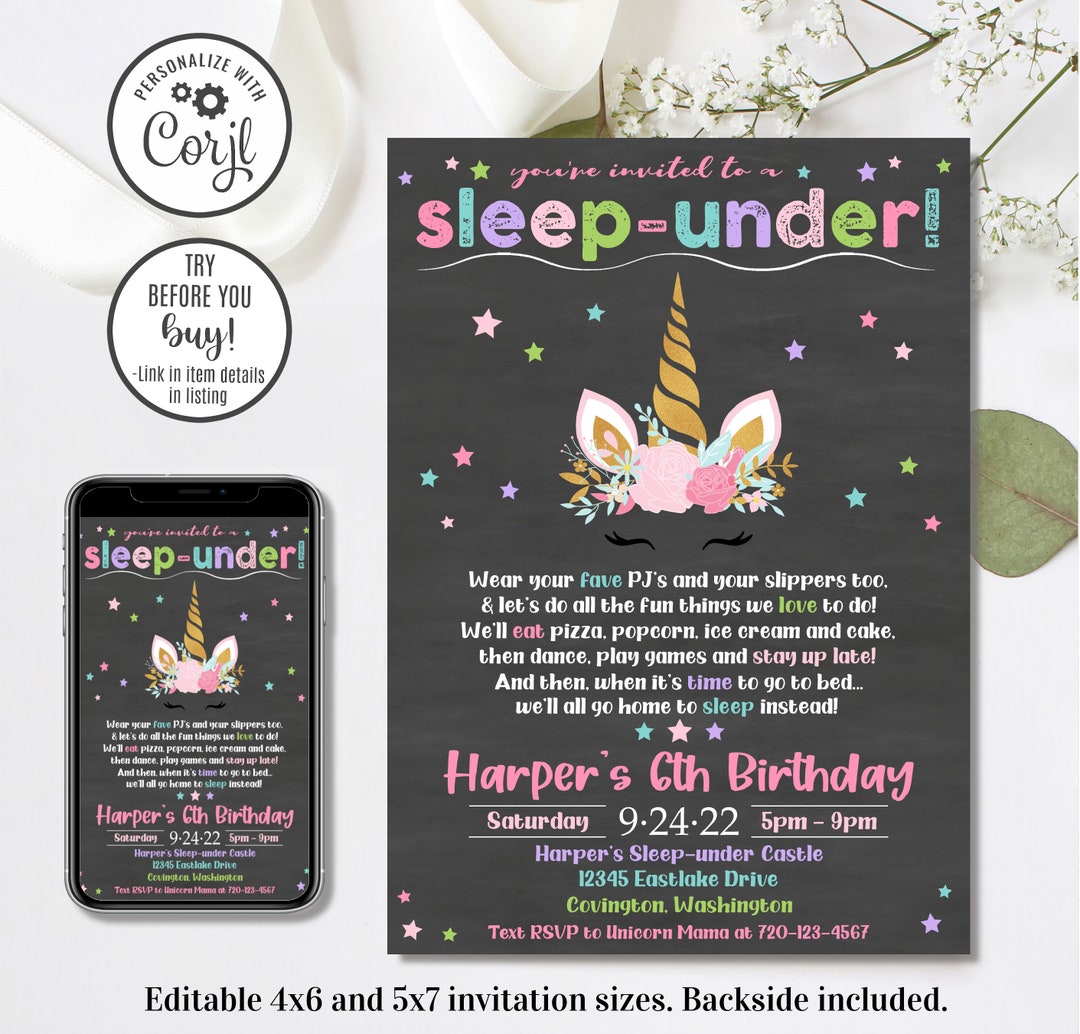 Editable Sleep-under Invitation, Sleep Under Birthday Invitation, 4x6 ...