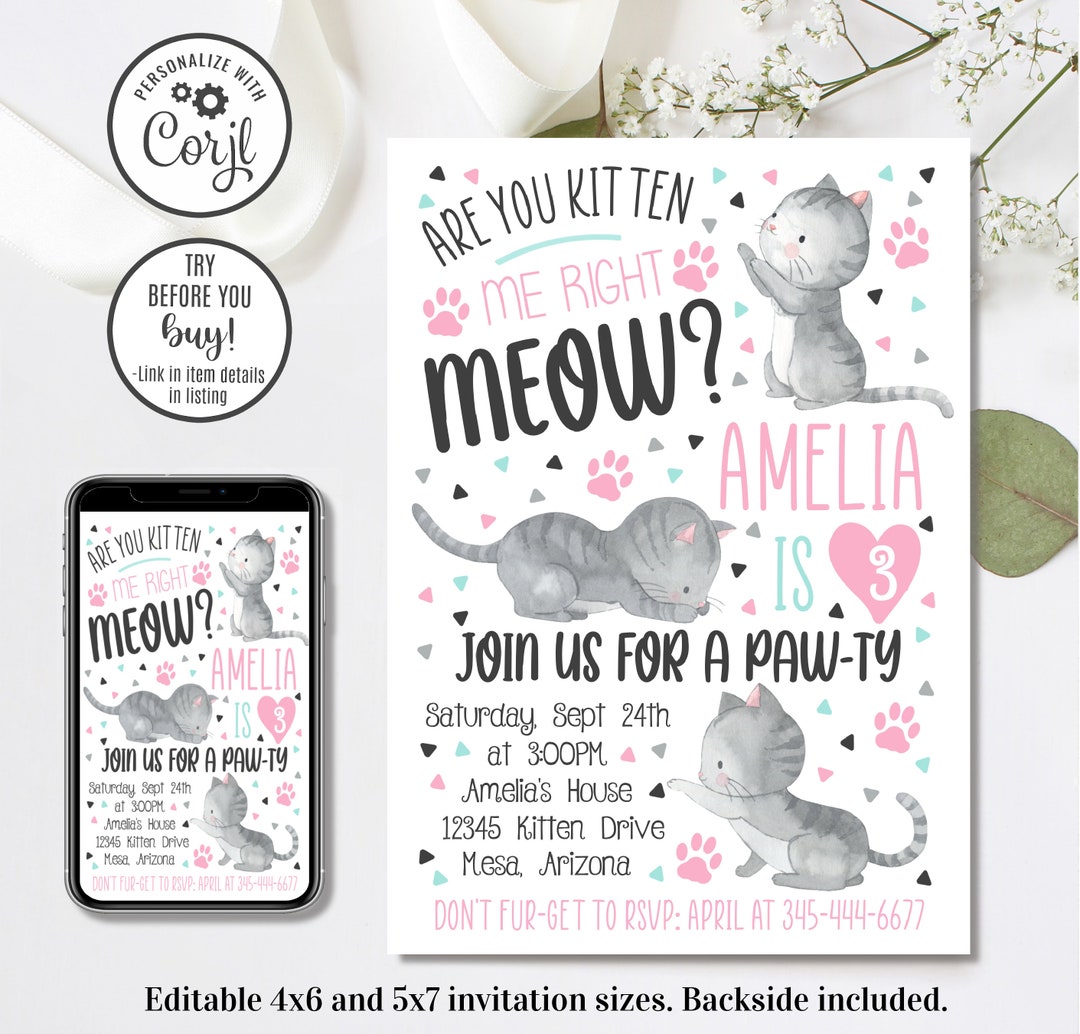 Editable Kitten Birthday Invitation, Kitten Invitation, Are You Kitten ...