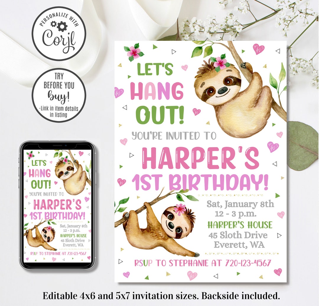 Editable Sloth Birthday Invitation, Sloth Invitation, Zoo Invitation ...