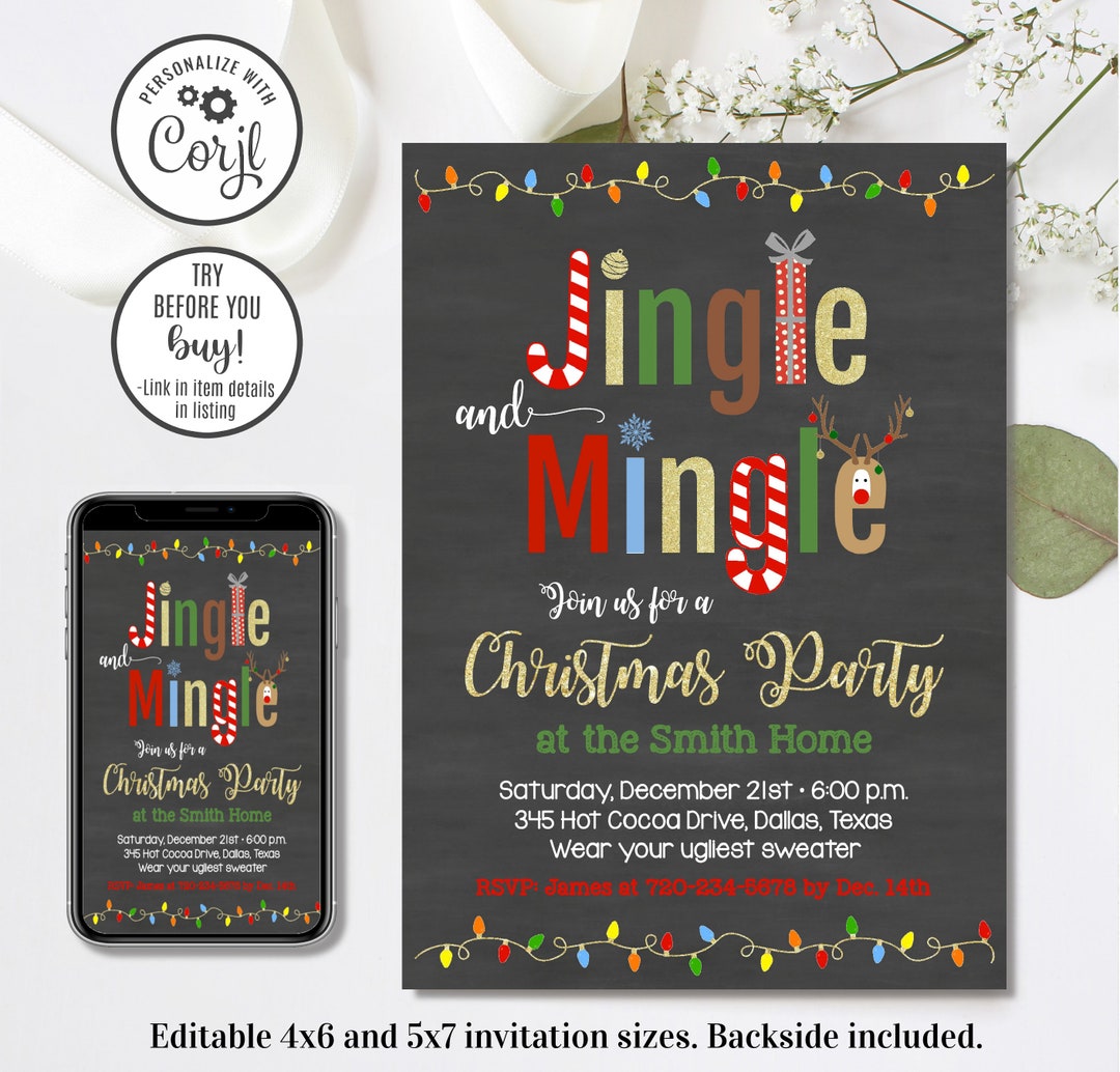 Editable Christmas Party Invitation, Jingle and Mingle Invitation, 4x6 ...