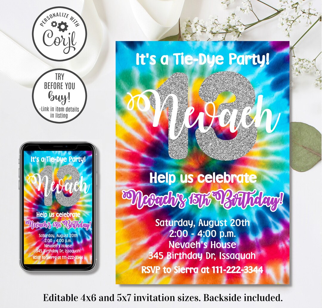Editable Tie Dye Invitation, Tie Dye Birthday Invitation, Teen ...
