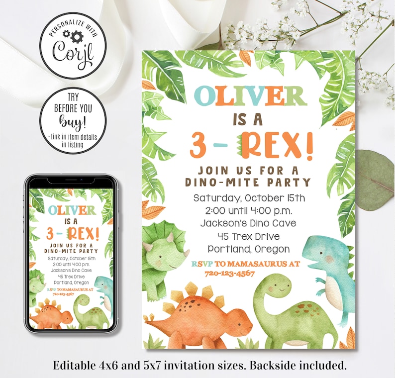 Editable Three Rex Invitation 3-rex Invitation Dinosaur - Etsy