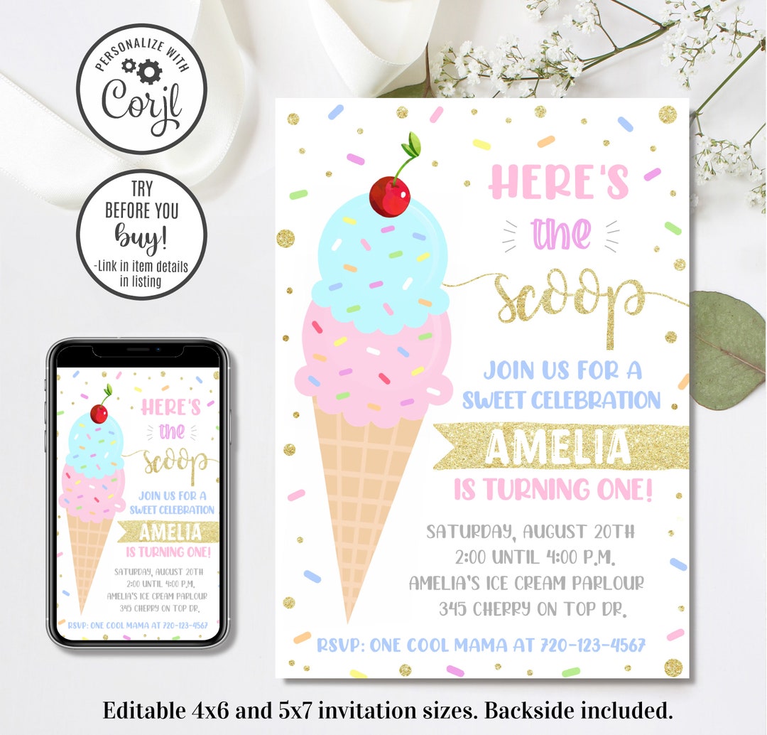 Editable Ice Cream Invitation, Ice Cream Birthday Invitation, Sweet ...