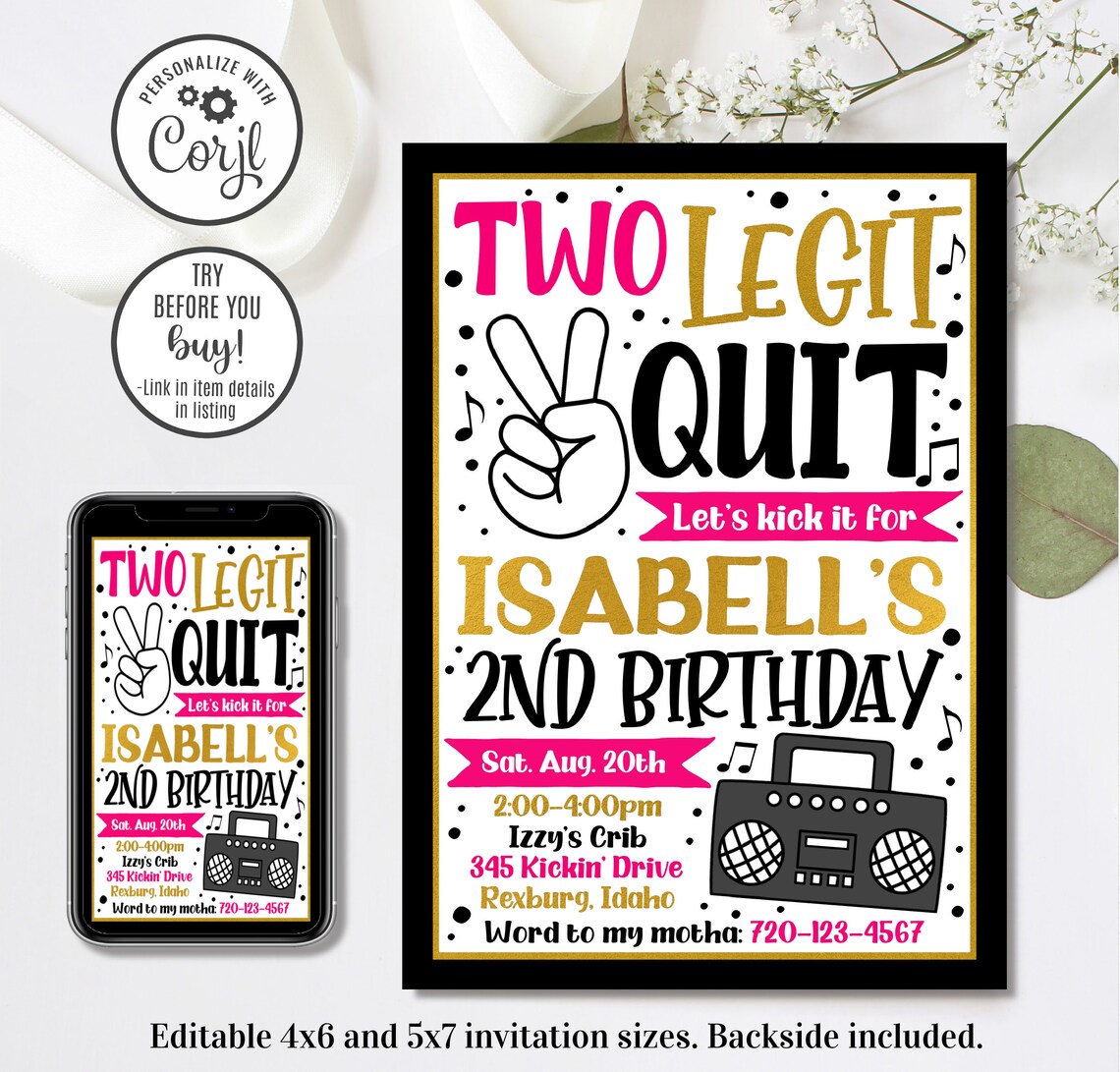 Editable Two Legit to Quit Girl Two Legit Birthday - Etsy