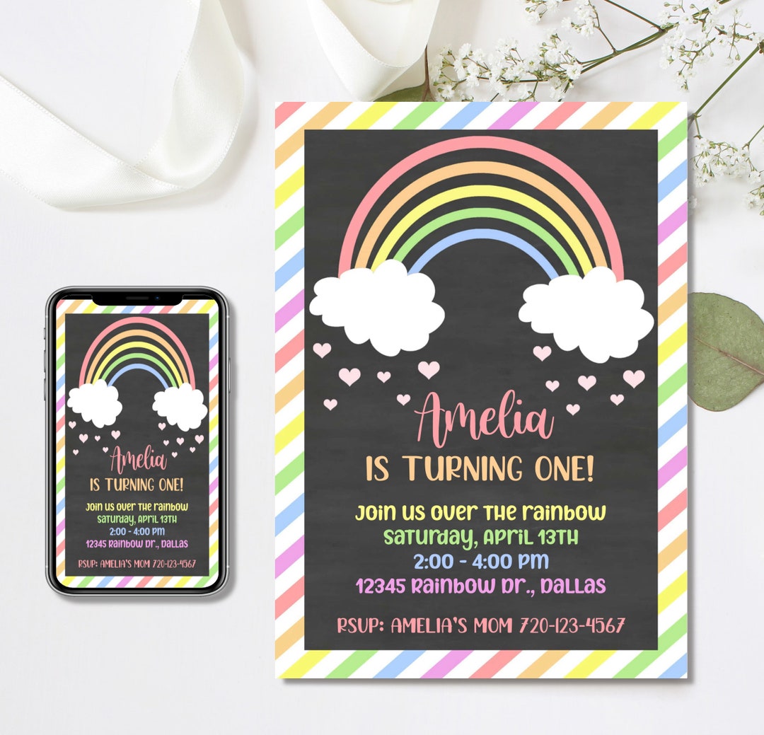 Editable Rainbow Invitation, Rainbow Birthday Invitation, Over the ...
