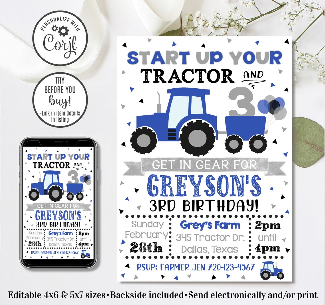 Editable Tractor Birthday Invitation Blue Tractor Invitation - Etsy