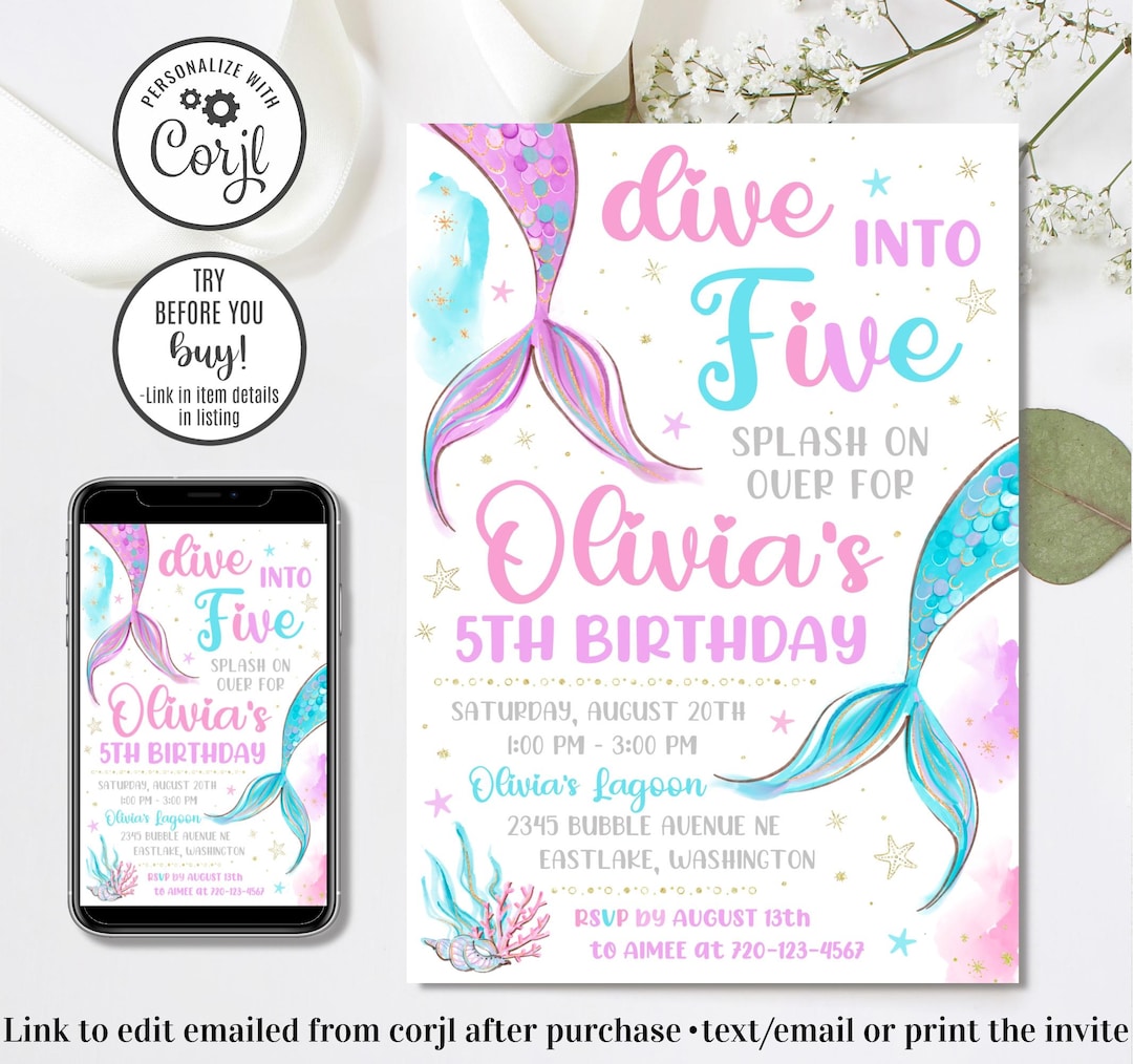 Editable Dive Into Five Birthday Invitation, 5th Mermaid Birthday ...