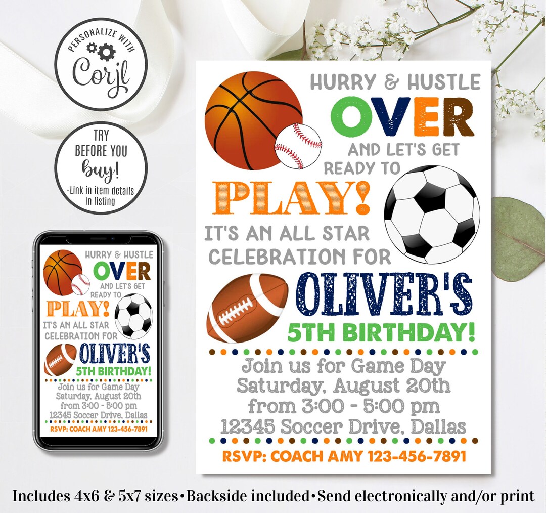 Editable Sports Birthday Invitation, Sports Invitation, Football ...