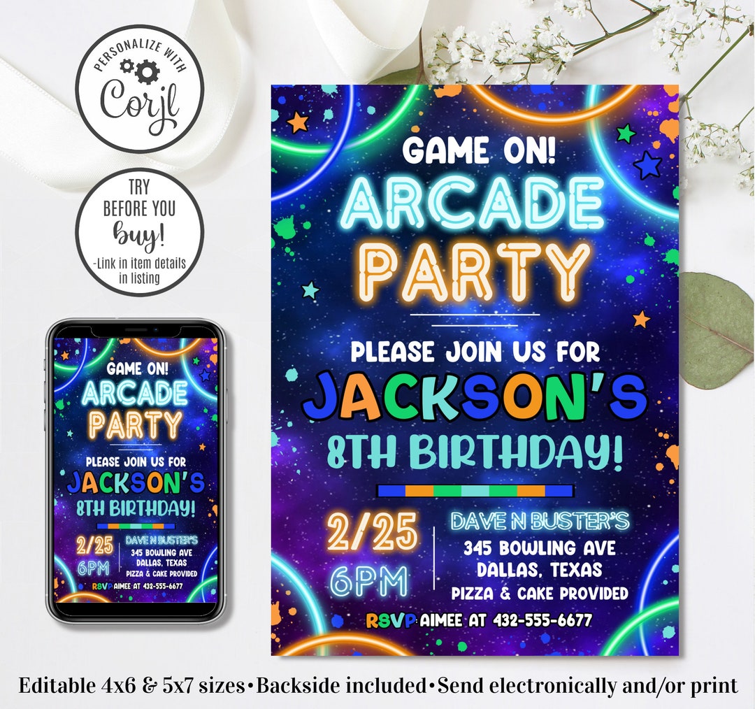 Editable Arcade Party Birthday Invitation, Glow Arcade Invitation ...