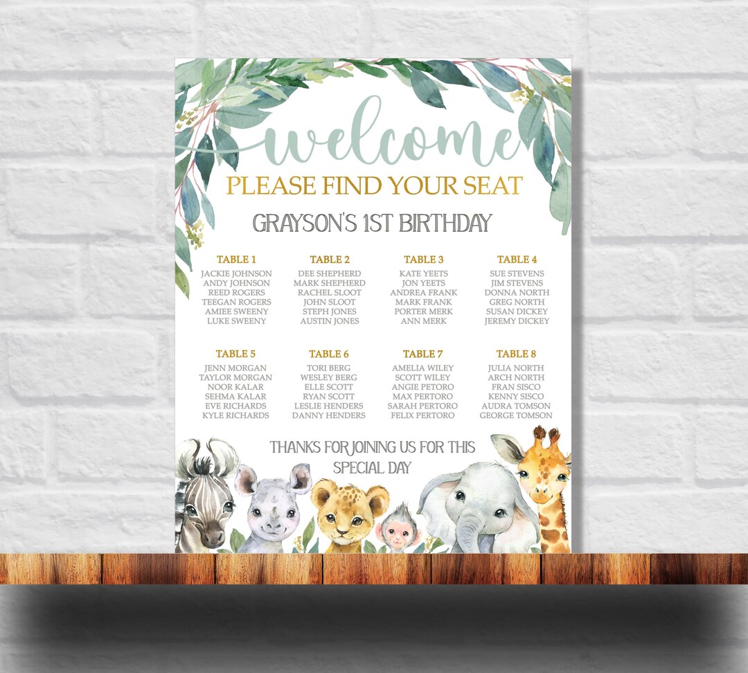 Editable Safari Seating Chart, Wild One Seating Chart, Wild One ...
