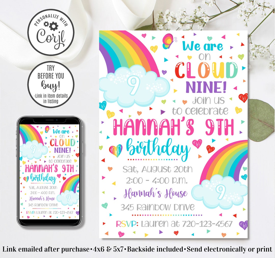 Editable Cloud 9 Invitation, 9th Birthday Invitation, Rainbow ...
