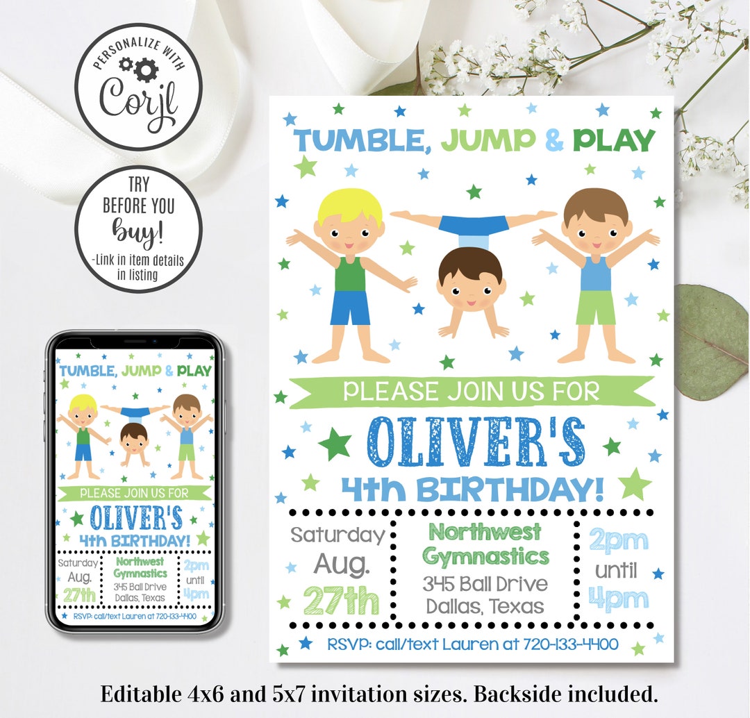 Editable Boy Gymnastics Invitation, Gymnastics Birthday Invitation, Gym ...