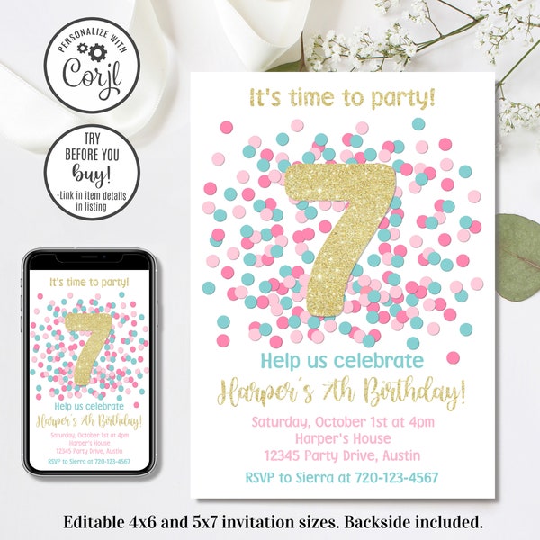Girls Editable 7th Birthday Invitation - Etsy