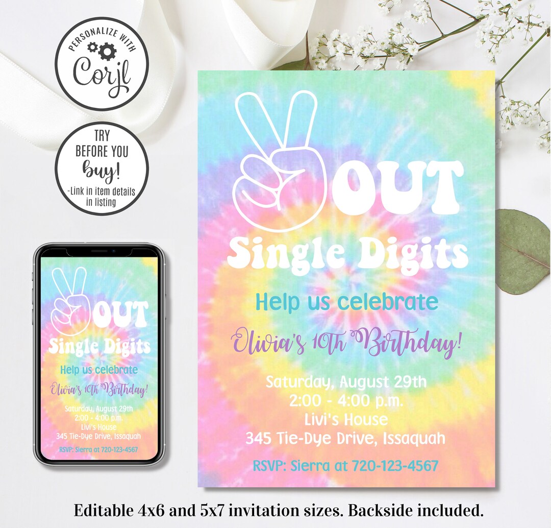 Editable Peace Out Single Digits Invitation, Tie Dye Birthday ...