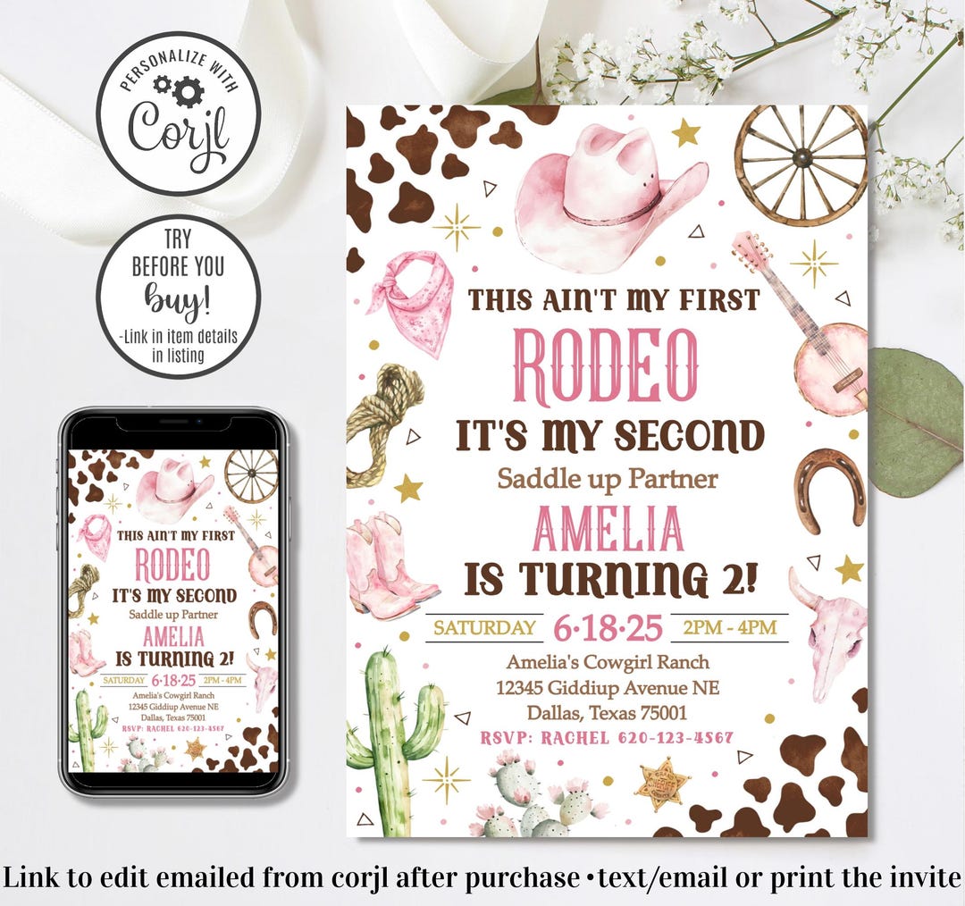 Editable Cowgirl Birthday Invitation, My Second Rodeo Invitation ...