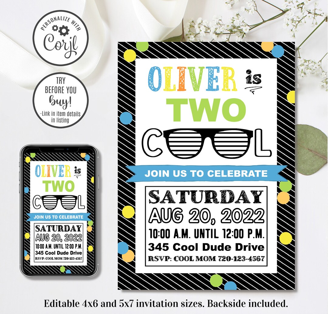 Editable Two Cool Invitation, Two Cool Birthday Invitation, 2nd ...