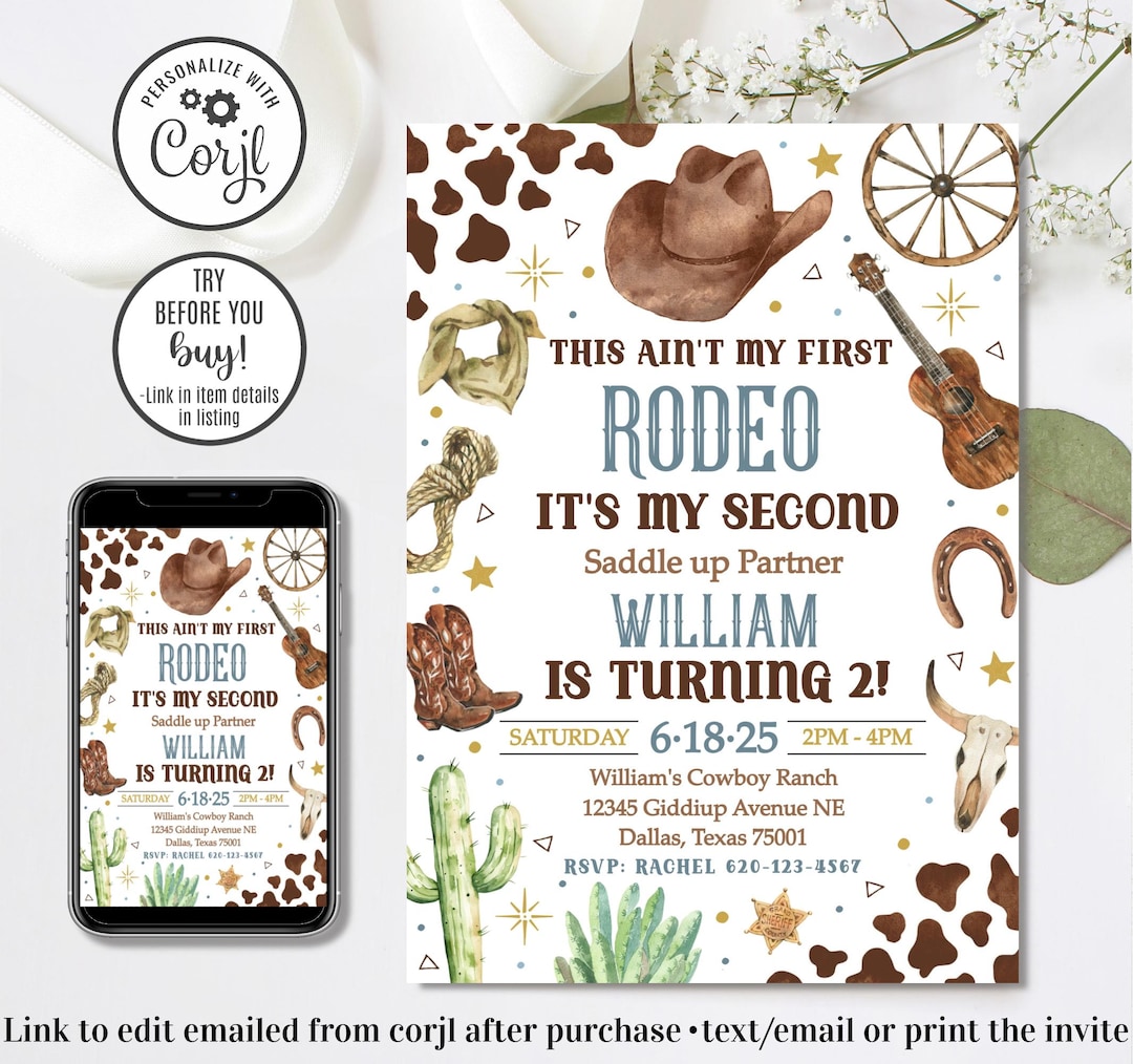 Editable Cowboy Birthday Invitation, My Second Rodeo Invitation, Cowboy ...