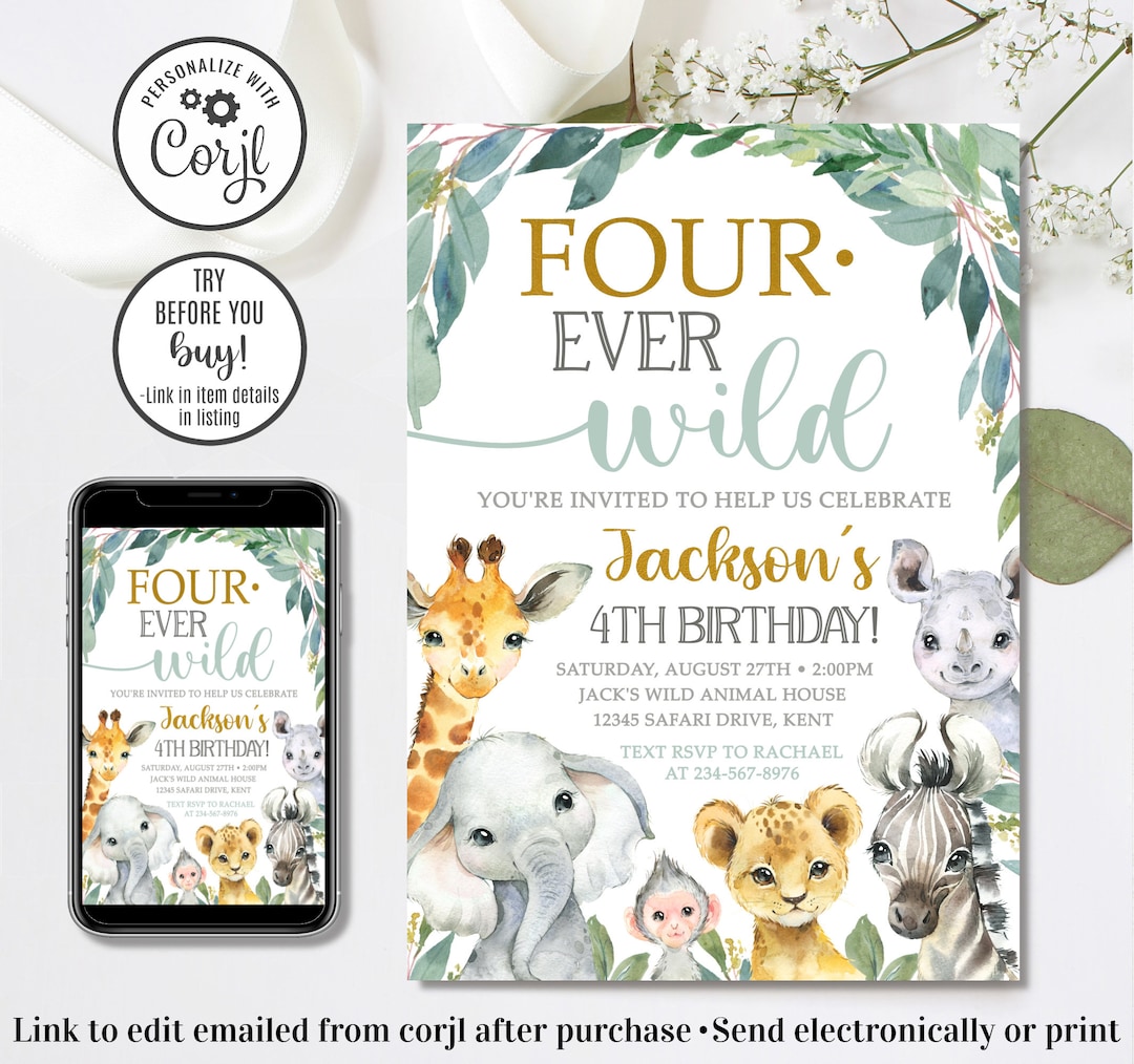 Editable Safari Birthday Invitation, Four-ever Wild Invitation, Jungle ...