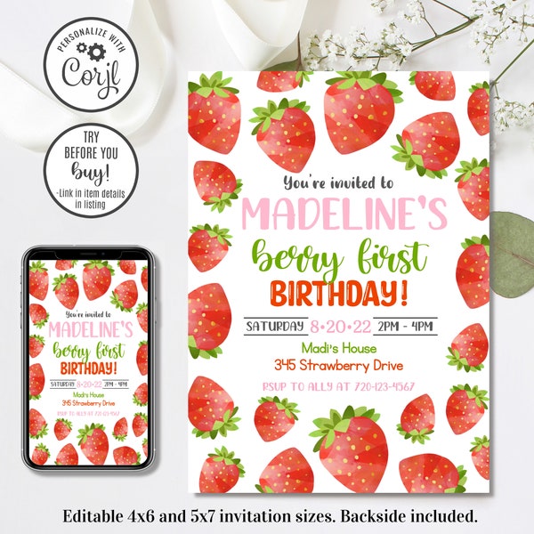Strawberry Birthday Invitation - Etsy