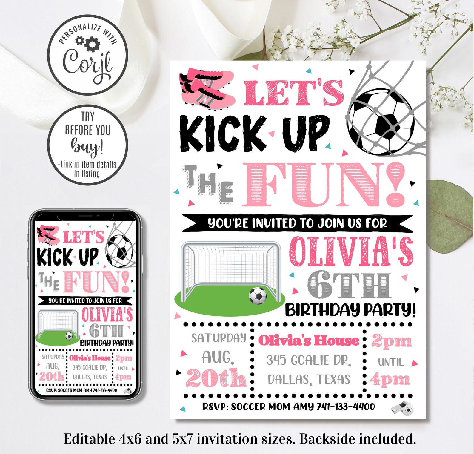 Editable Soccer Invitation, Girl Soccer Birthday Invitation, Girl ...