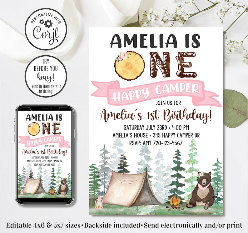 Editable Happy Camper Invitation One Happy Camper Birthday - Etsy