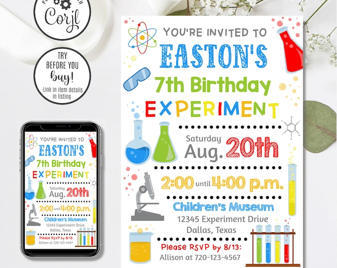Boy's Science Birthday Party Invitation Printable Personalized Photo ...
