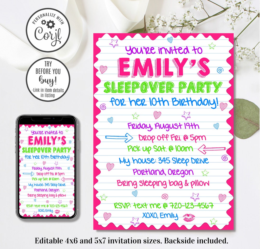 Editable Sleepover Invitation, Sleepover Birthday Invitation, Tween ...