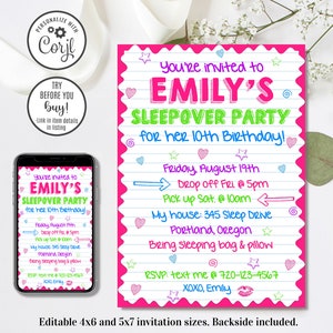 Editable Sleepover Invitation, Sleepover Birthday Invitation, Tween ...