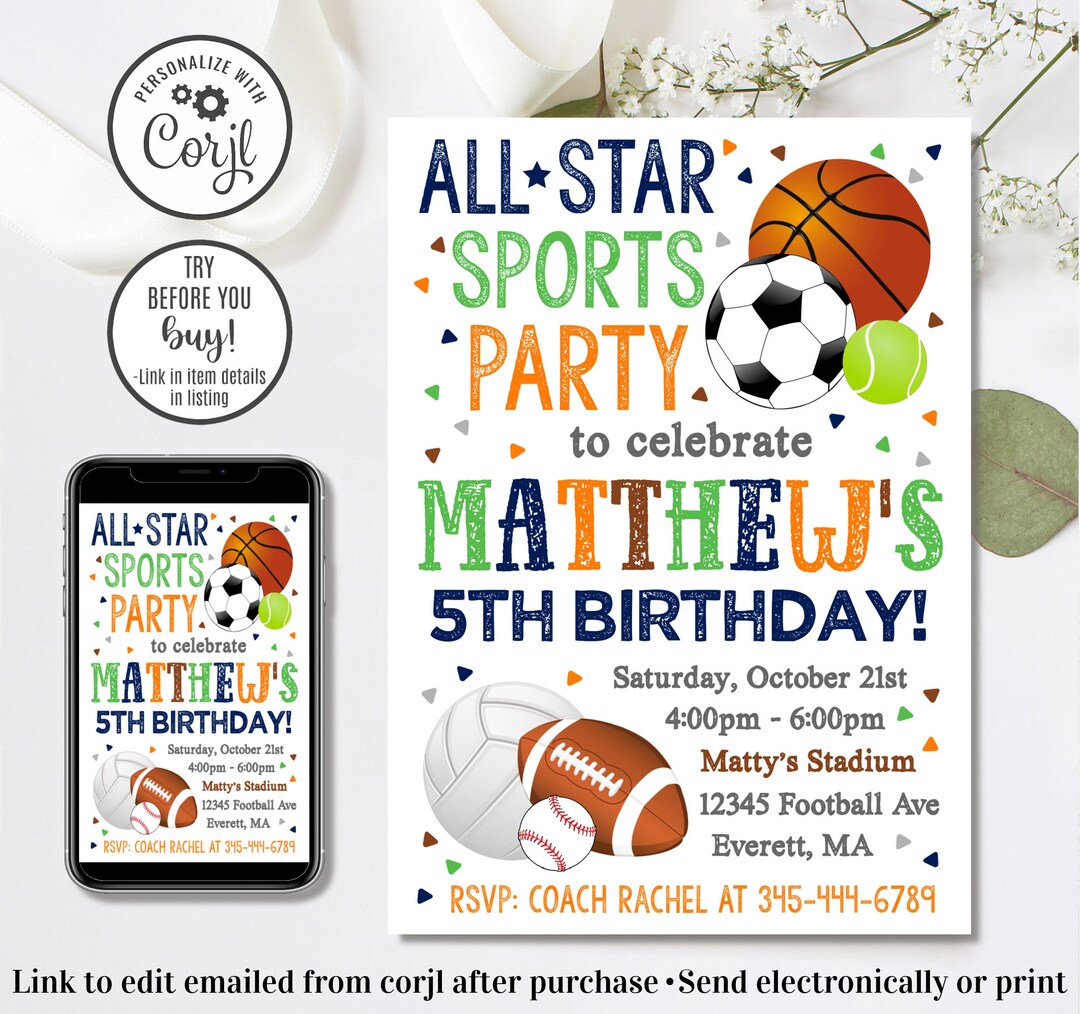 Editable Sports Birthday Invitation, Sports Invitation, Football ...