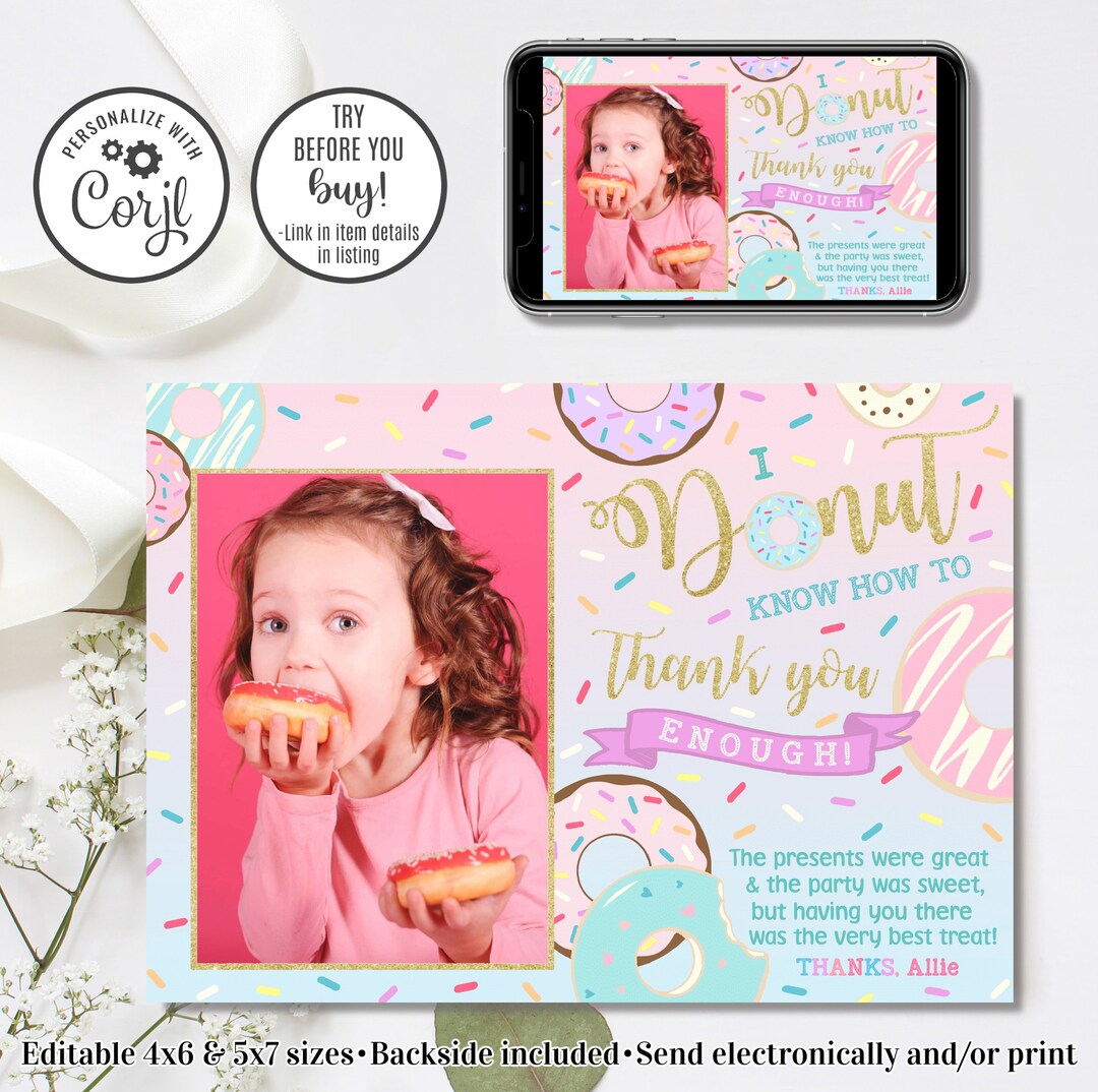 Editable Donut Thank You Card, Donut Thank You, Donut Birthday Thank ...