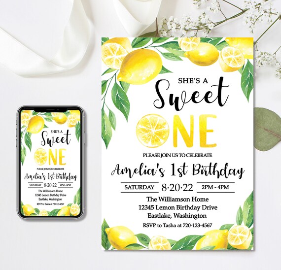 Editable Lemon Birthday Invitation Sweet One Birthday | Etsy
